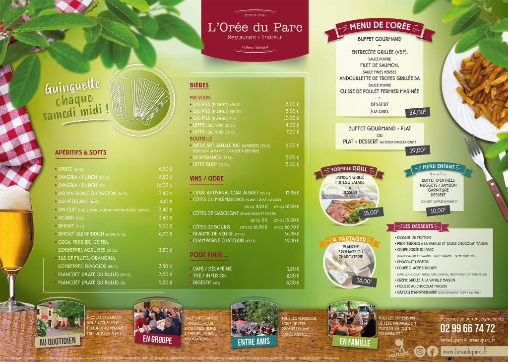 Les menus les formules - L'Orée du Parc